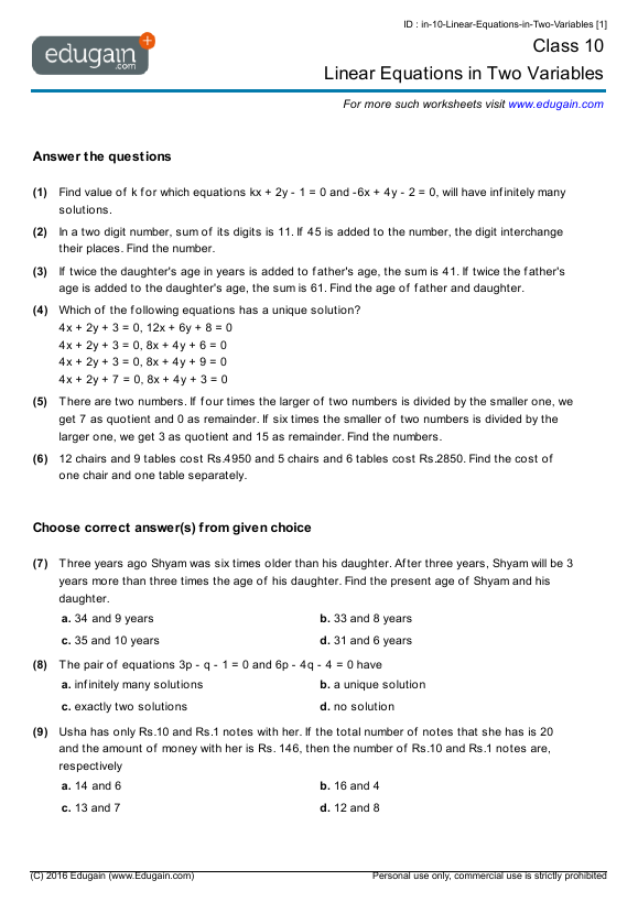 Grade 10 Linear Equations In Two Variables Math Practice Questions