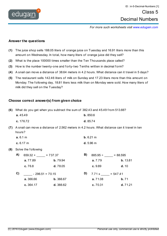 5th Grade Math Worksheets Decimals