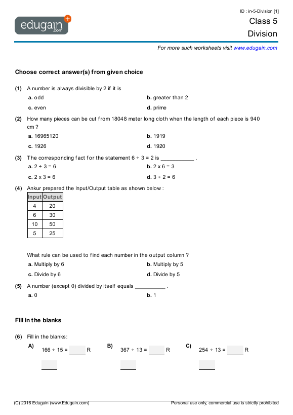Grade 5 Division Math Practice Questions Tests Worksheets